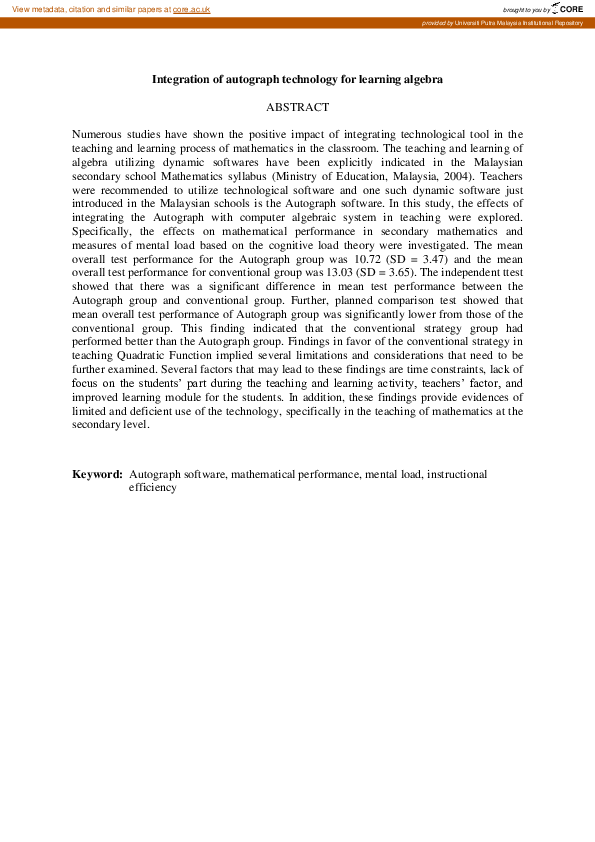 (PDF) Integration of Autograph Technology for Learning Algebra