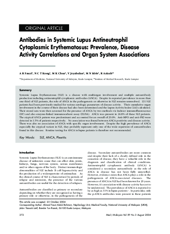 (PDF) Antibodies in systemic lupus antineutrophil cytoplasmic erythematosus: prevalence, disease ...
