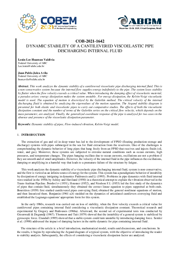 (PDF) Dynamic Stability of a Cantilevered Viscoelastic Pipe Discharging Internal Fluid | LENIN ...