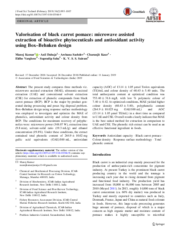 Pdf Valorisation Of Black Carrot Pomace Microwave Assisted