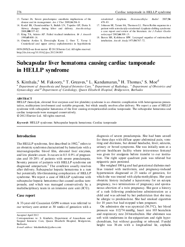 (PDF) Subcapsular liver hematoma causing cardiac tamponade in HELLP ...