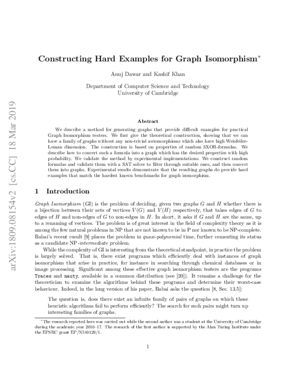Pdf Constructing Hard Examples For Graph Isomorphism Kashif Niaz Khan