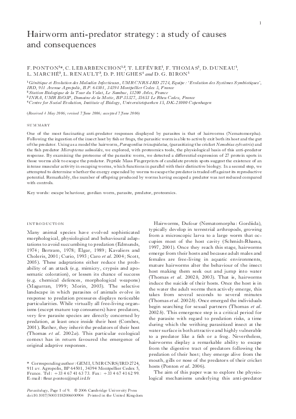 (PDF) Hairworm anti-predator strategy: a study of causes and consequences