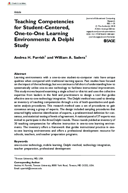 (PDF) Teaching Competencies for Student-Centered, One-to-One Learning Environments: A Delphi Study
