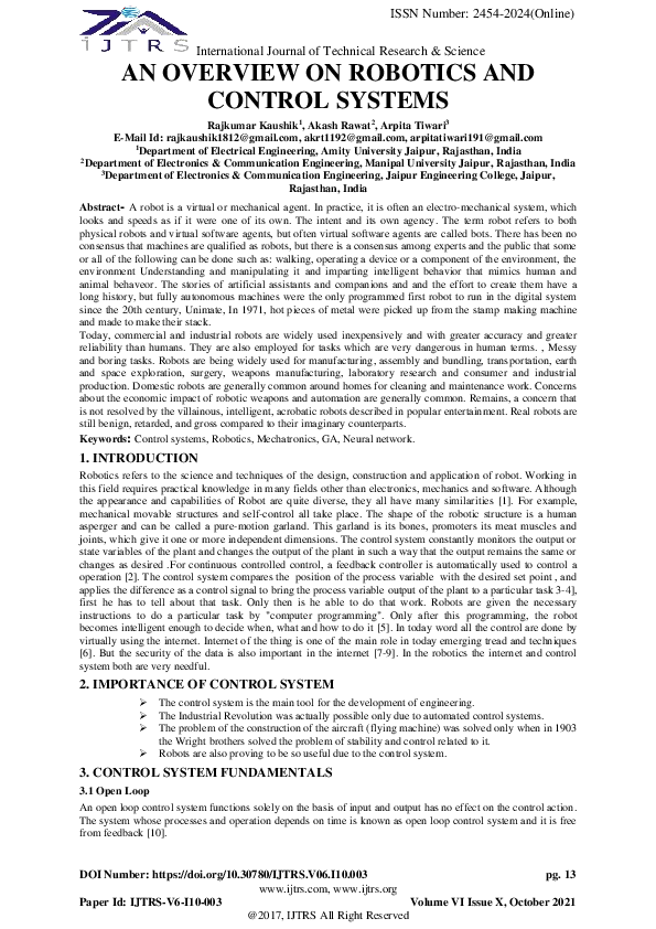 (PDF) An Overview on Robotics and Control Systems