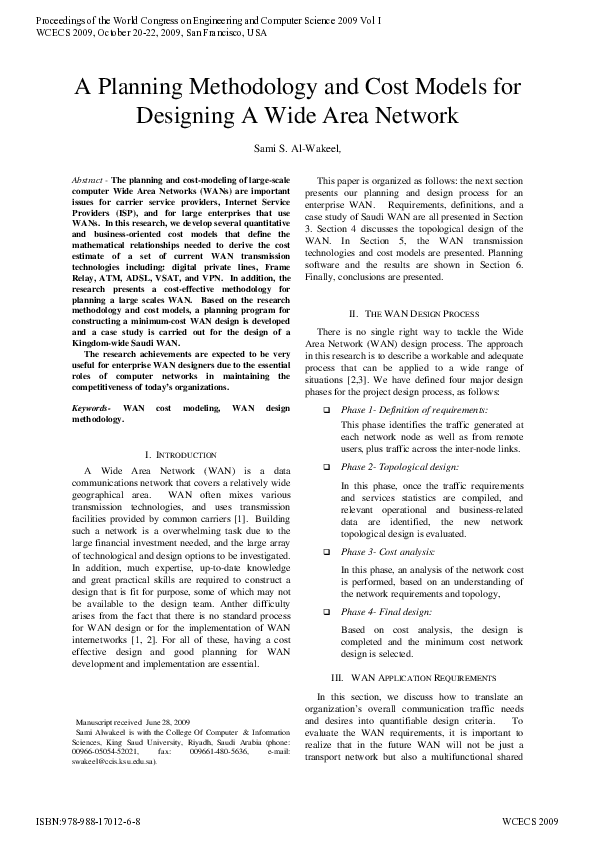 (PDF) A Planning Methodology and Cost Models for Designing A Wide Area Network