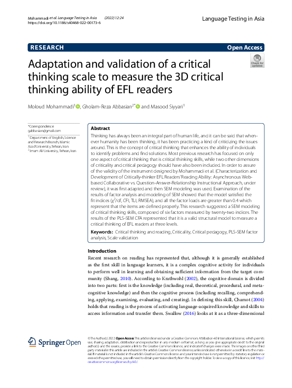 (PDF) Adaptation and validation of a critical thinking scale to measure ...
