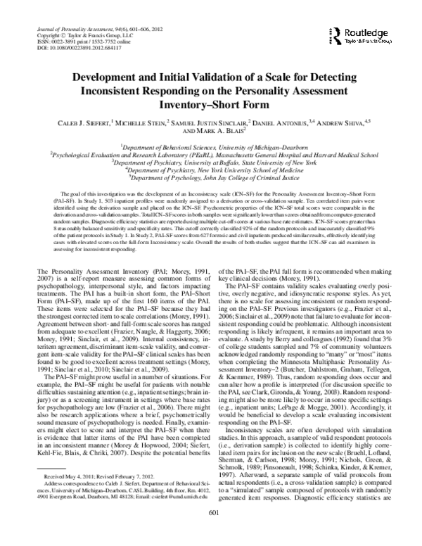 Pdf Development And Initial Validation Of A Scale For Detecting Inconsistent Responding On The 2242