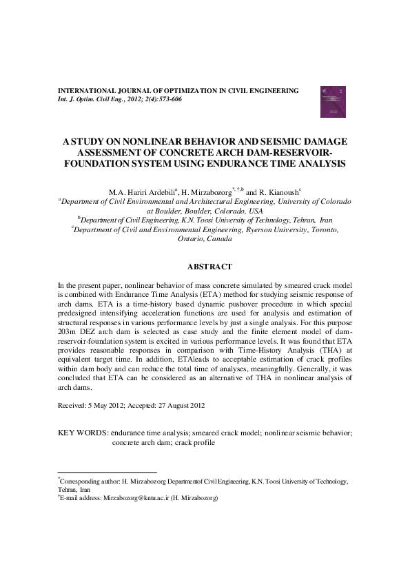 (PDF) A Study on Nonlinear Behavior and Seismic Damage Assessment of Concrete Arch Dam ...