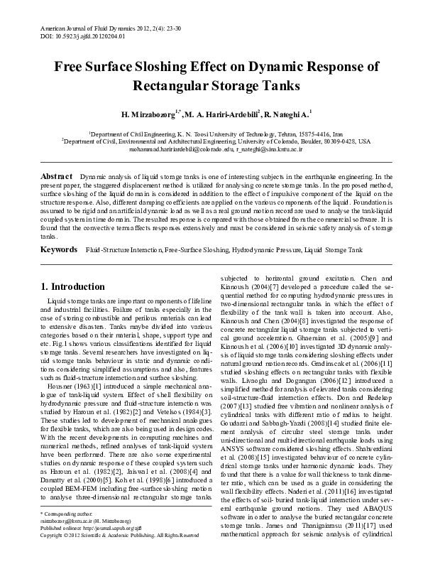 (PDF) Free Surface Sloshing Effect on Dynamic Response of Rectangular Storage Tanks