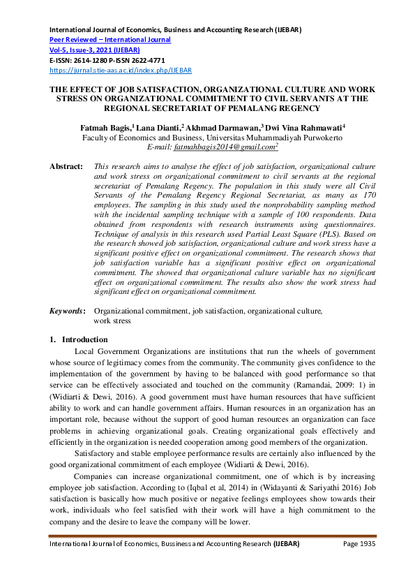 (PDF) The Effect of Job Satisfaction, Organizational Culture and Work ...