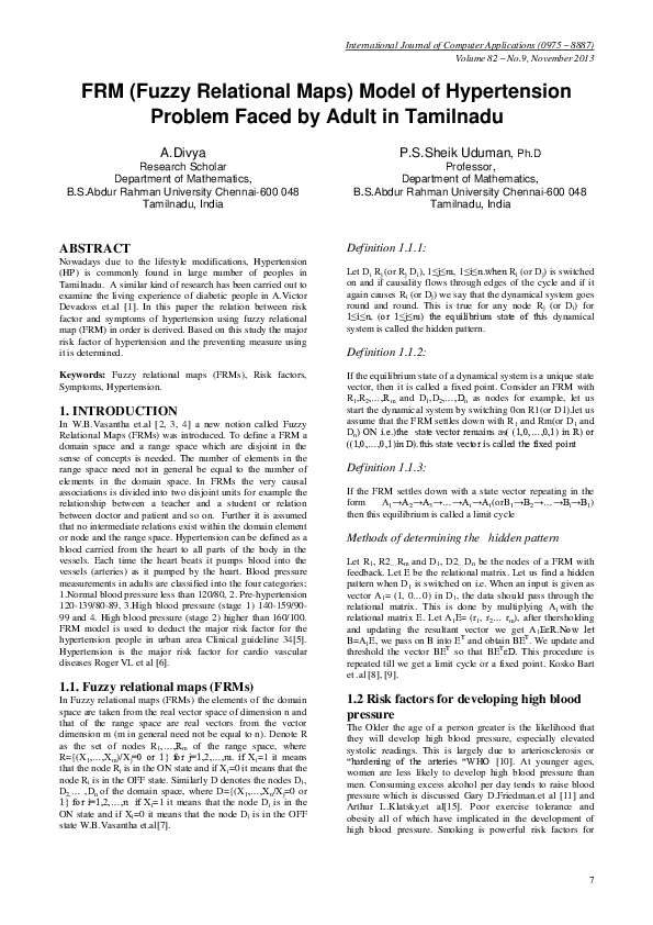 (PDF) FRM (Fuzzy Relational Maps) Model of Hypertension Problem Faced by Adult in Tamilnadu
