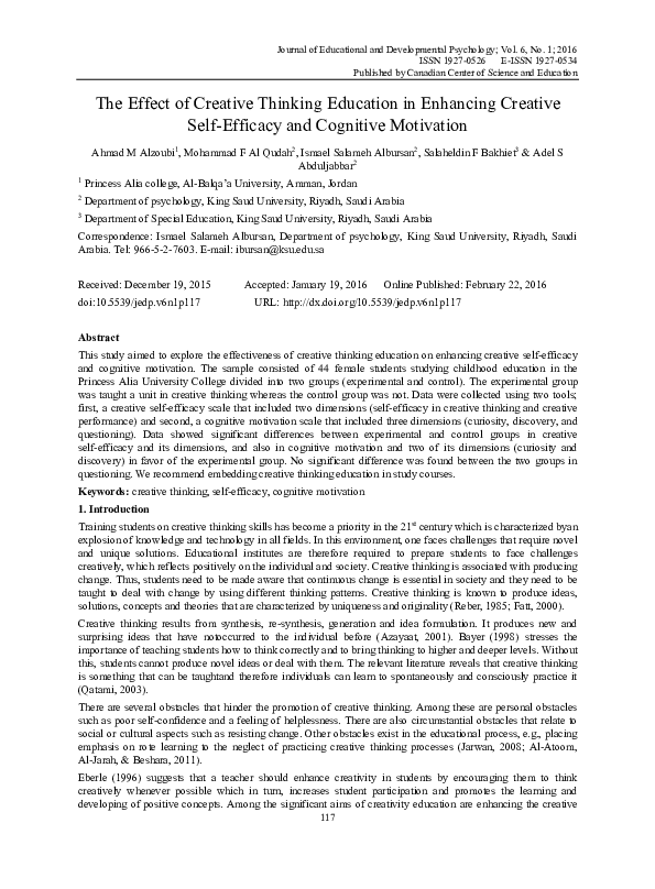 (PDF) The Effect of Creative Thinking Education in Enhancing Creative Self-Efficacy and ...