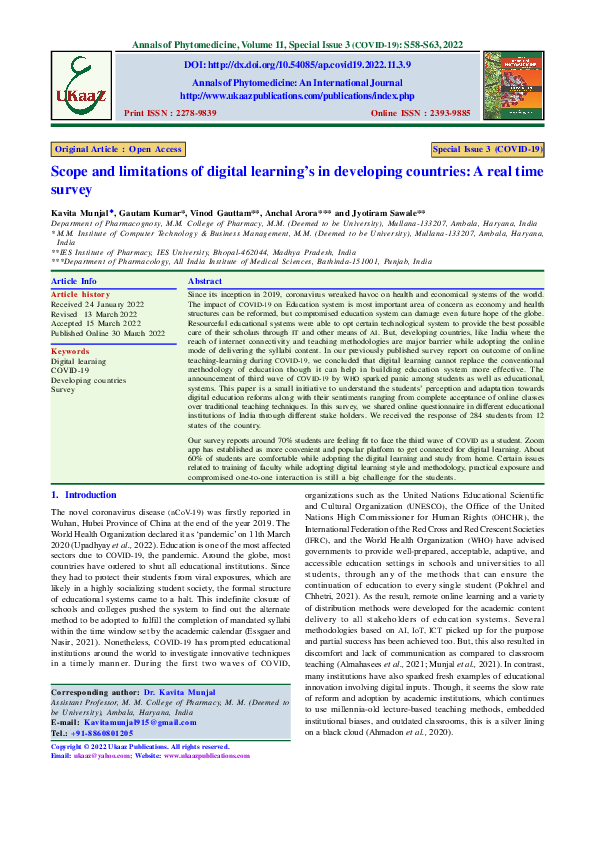 (PDF) Scope and limitations of digital learning’s in developing countries: A real time survey