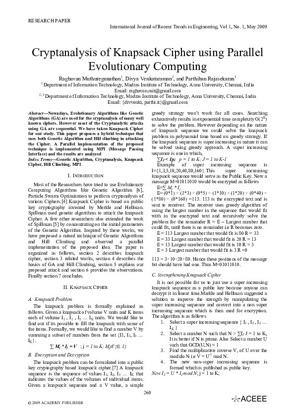 (PDF) Cryptanalysis of Knapsack Cipher using Parallel Evolutionary Computing