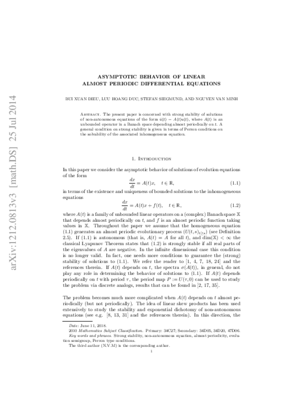 (PDF) Asymptotic Behavior of Linear Almost Periodic Differential Equations