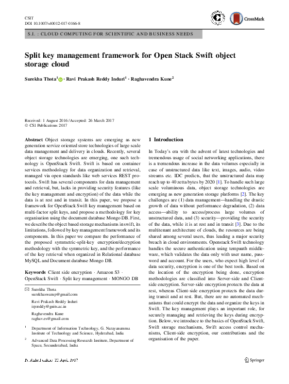 Pdf Split Key Management Framework For Open Stack Swift Object Storage Cloud Surekha Thota