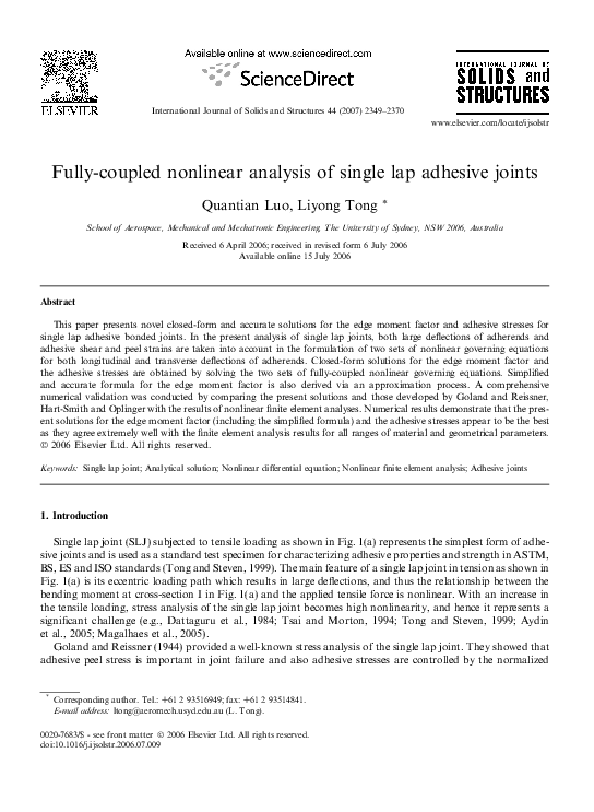 (PDF) Fully-coupled nonlinear analysis of single lap adhesive joints
