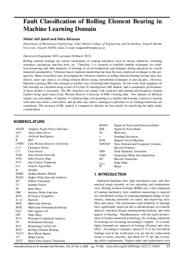 Pdf Fault Classification Of Rolling Element Bearing In Machine Learning Domain Mohd Atif