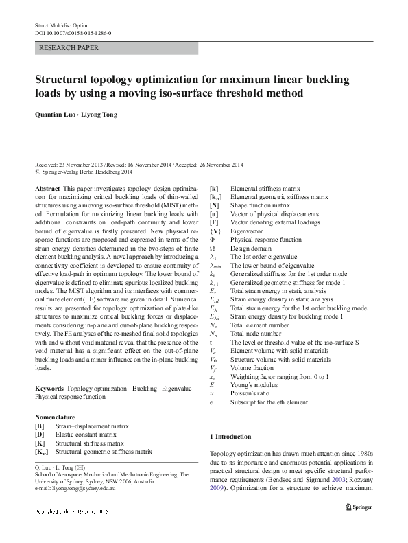(PDF) Structural topology optimization for maximum linear buckling loads by using a moving iso ...