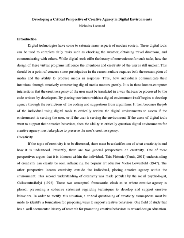 (PDF) Developing a Critical Perspective of Creative Agency in Digital ...