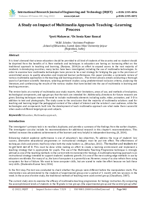 (PDF) A Study on Impact of Multimedia Approach Teaching -Learning Process