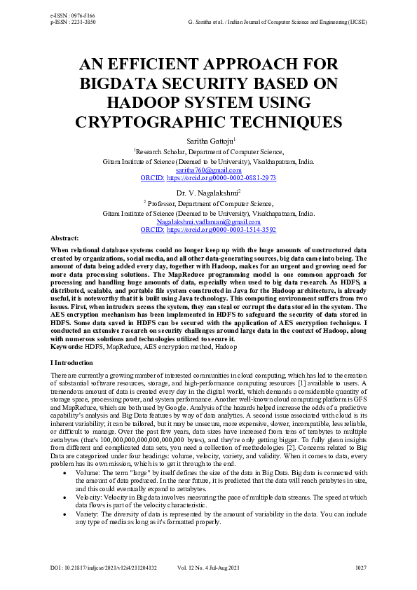 (PDF) An Efficient Approach for Bigdata Security Based on Hadoop System Using Cryptographic ...
