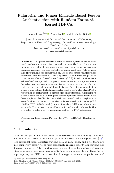 (PDF) Palmprint and Finger Knuckle Based Person Authentication with Random Forest via Kernel-2DPCA