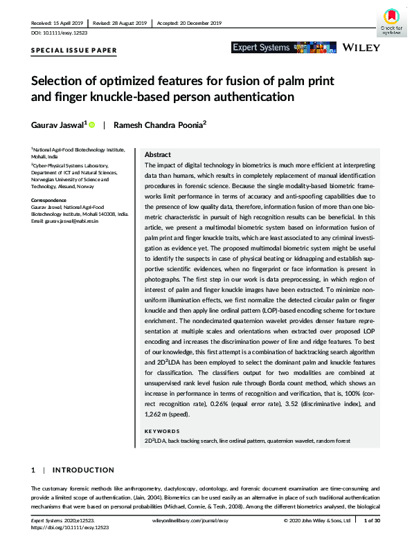 (PDF) Selection of optimized features for fusion of palm print and ...