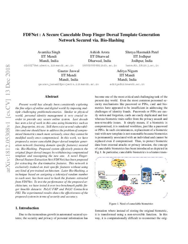Pdf Fdfnet A Secure Cancelable Deep Finger Dorsal Template