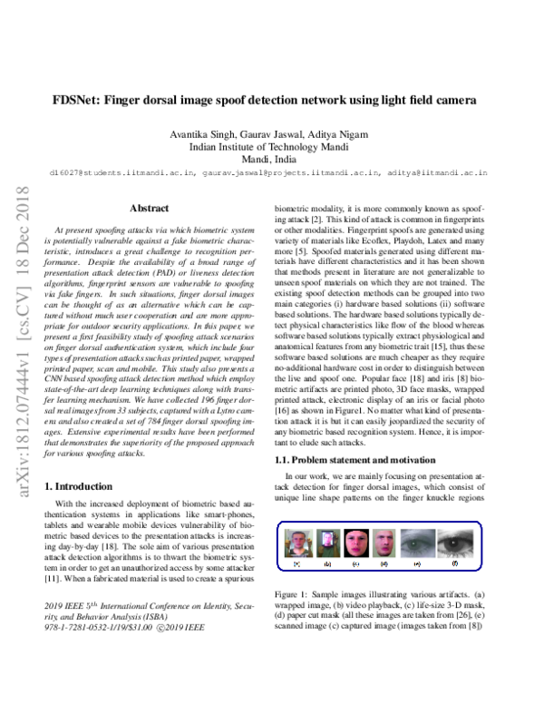 (PDF) FDSNet: Finger dorsal image spoof detection network using light field camera