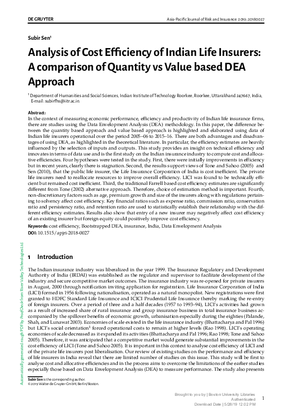 (PDF) Analysis of Cost Efficiency of Indian Life Insurers: A comparison of Quantity vs Value ...