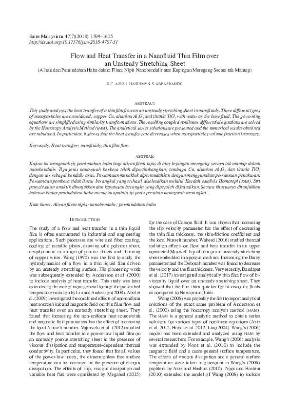 (PDF) Flow and Heat Transfer in a Nanofluid Thin Film Over an Unsteady ...