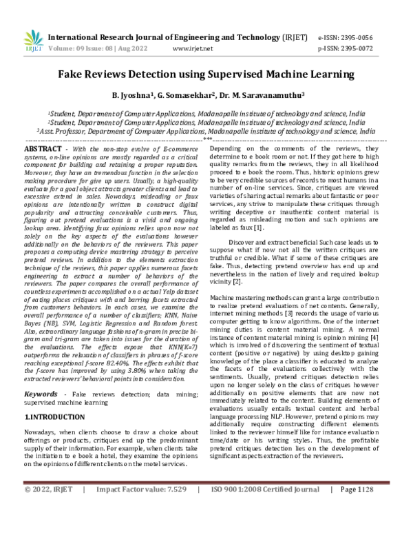 (PDF) Fake Reviews Detection using Supervised Machine Learning