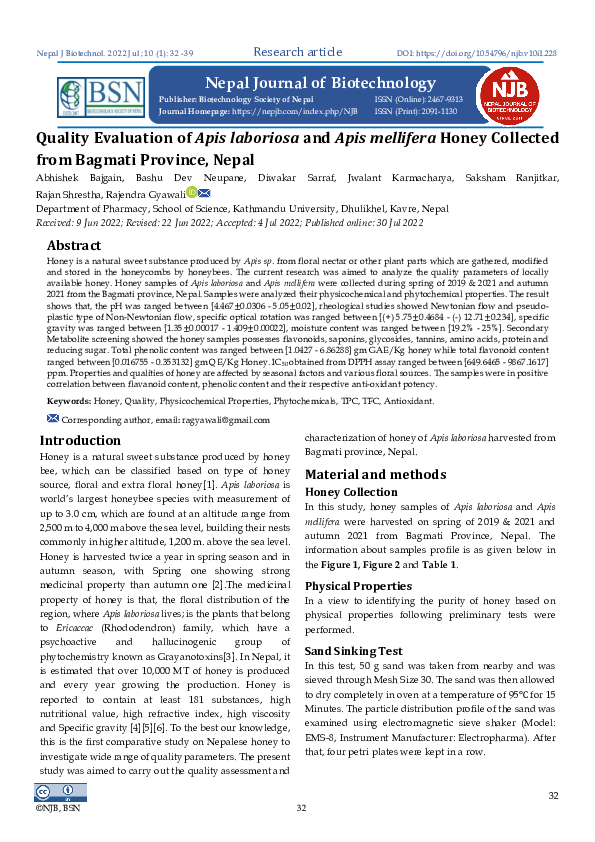 (PDF) Quality Evaluation of Apis laboriosa and Apis mellifera Honey ...