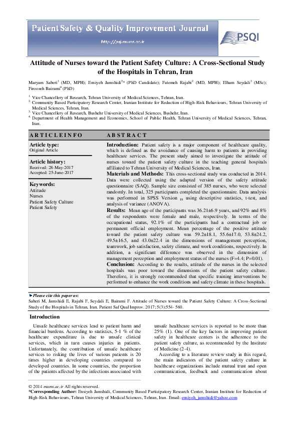 (PDF) Attitude of Nurses toward the Patient Safety Culture: A Cross ...