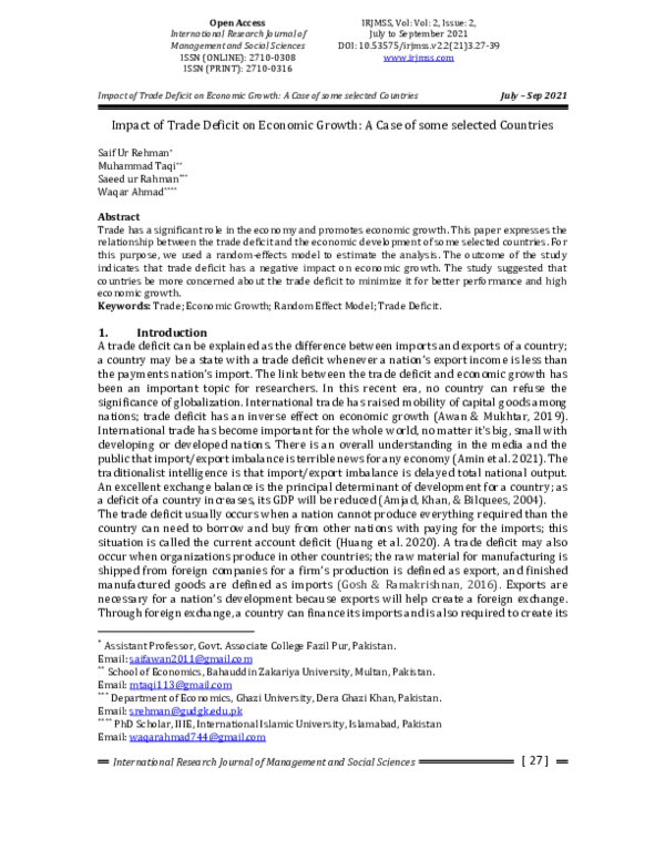 (PDF) Impact of Trade Deficit on Economic Growth: A Case of some ...