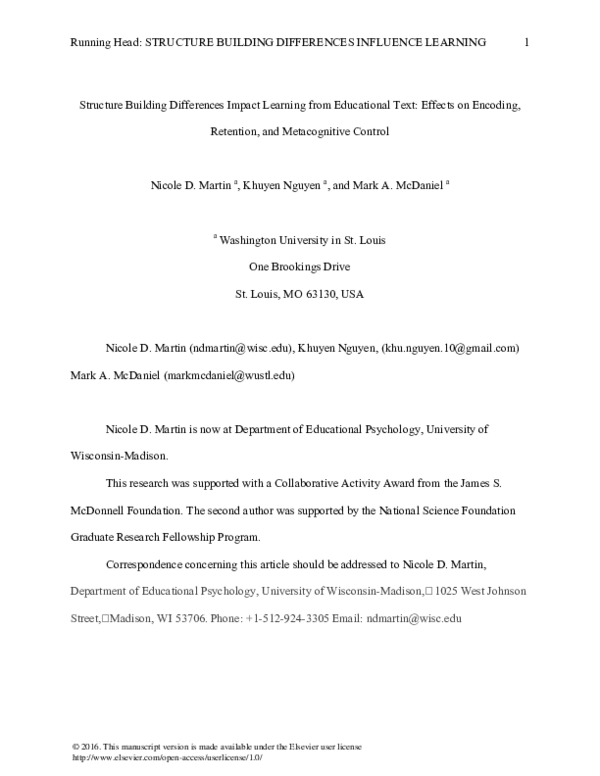 (PDF) Structure building differences influence learning from educational text: Effects on ...