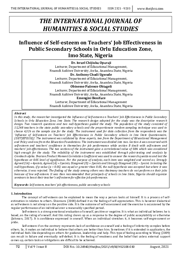(PDF) Influence of Self-esteem on Teachers’ Job Effectiveness in Public Secondary Schools in ...