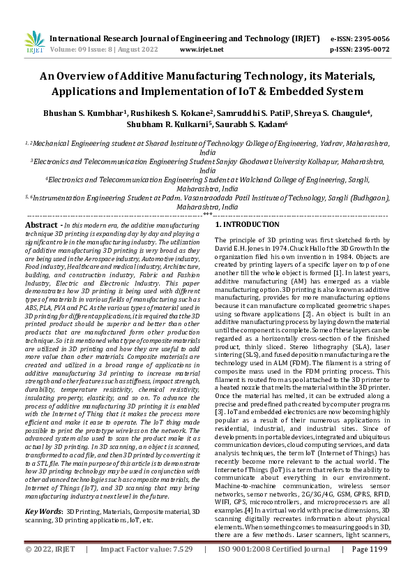 (PDF) An Overview of Additive Manufacturing Technology, its Materials ...