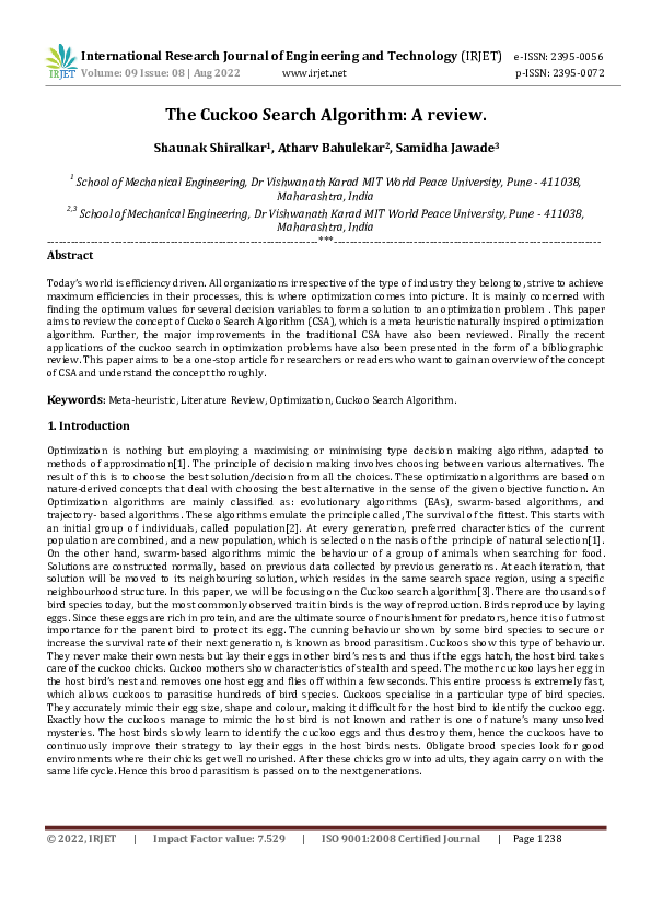 Pdf The Cuckoo Search Algorithm A Review 1836