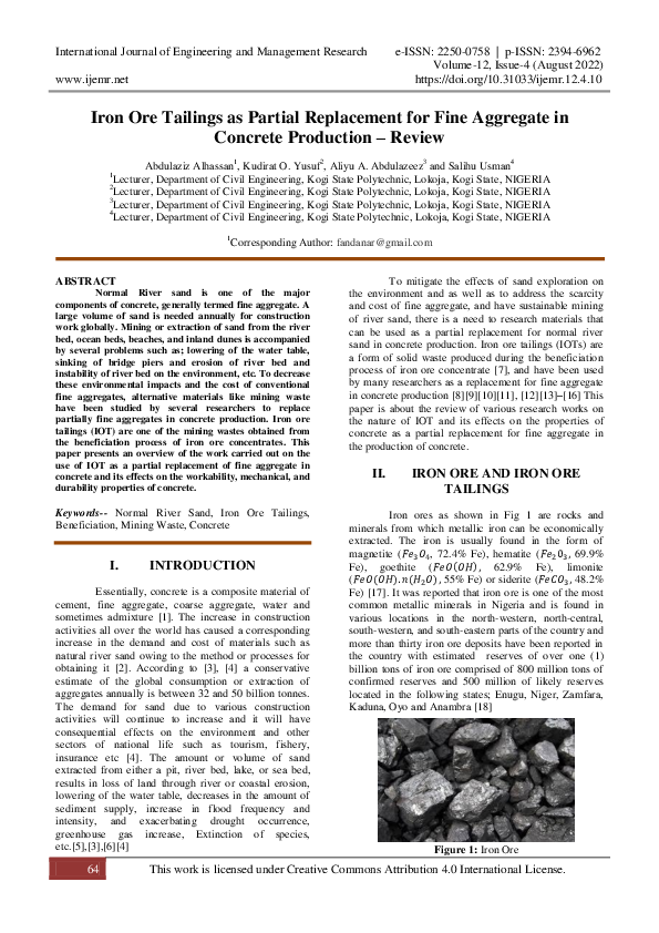 (PDF) Iron Ore Tailings as Partial Replacement for Fine Aggregate in ...