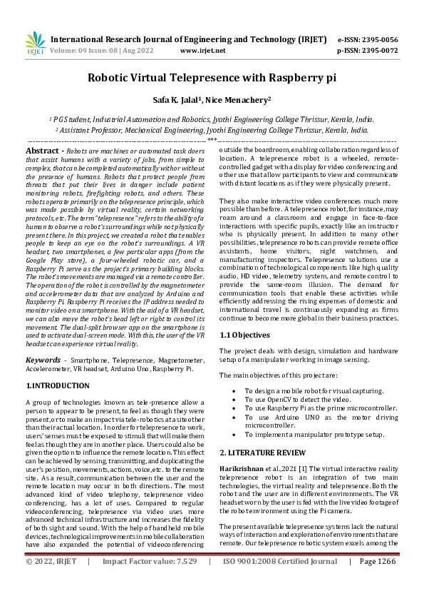 (PDF) Robotic Virtual Telepresence with Raspberry pi