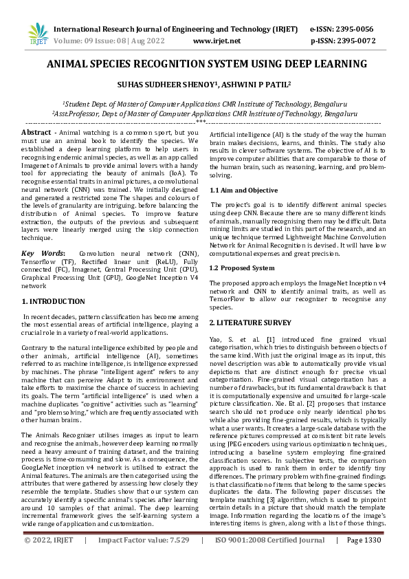 (PDF) ANIMAL SPECIES RECOGNITION SYSTEM USING DEEP LEARNING