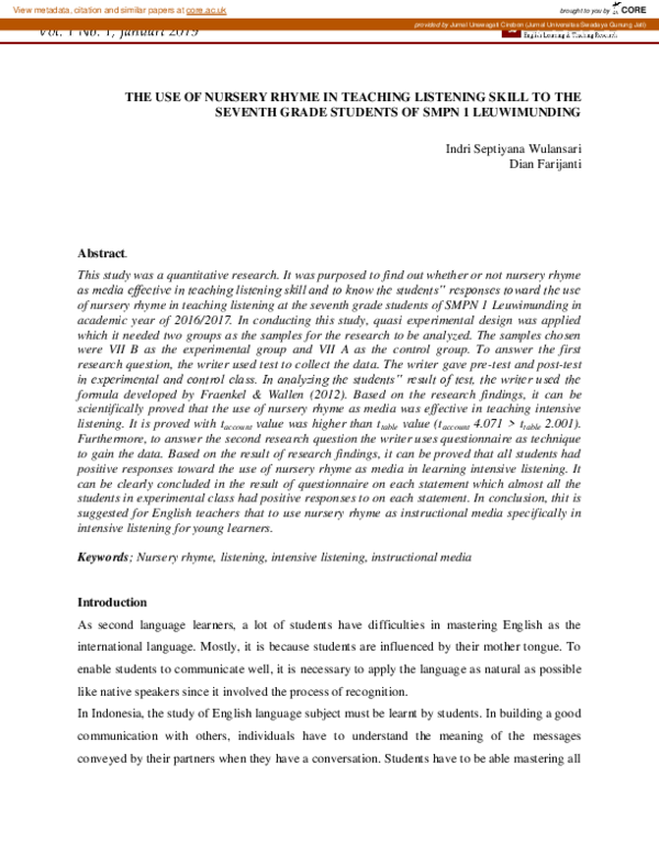 (PDF) The Use of Nursery Rhyme in Teaching Listening Skill to the Seventh Grade Students of SMPN ...