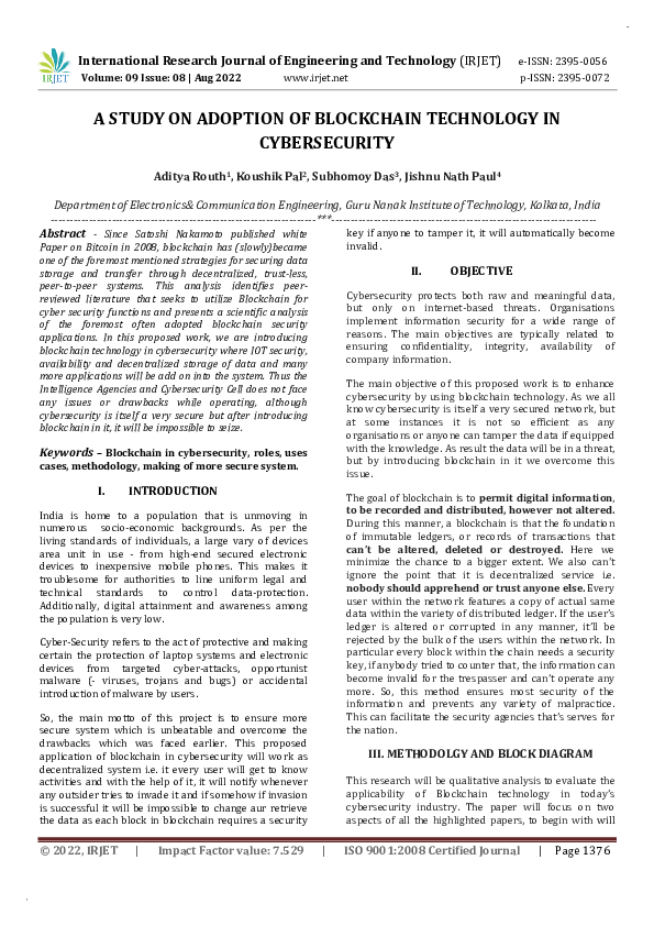 (PDF) A STUDY ON ADOPTION OF BLOCKCHAIN TECHNOLOGY IN CYBERSECURITY