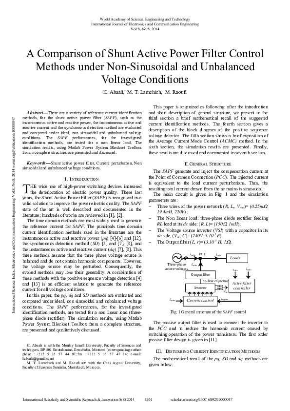 (PDF) A Comparison Of Shunt Active Power Filter Control Methods Under Non-Sinusoidal And ...