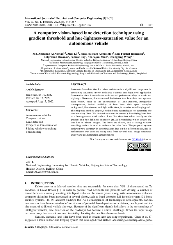 Pdf A Computer Vision Based Lane Detection Technique Using Gradient Threshold And Hue