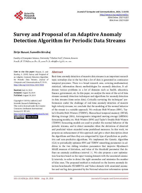 (PDF) Survey and Proposal of an Adaptive Anomaly Detection Algorithm for Periodic Data Streams