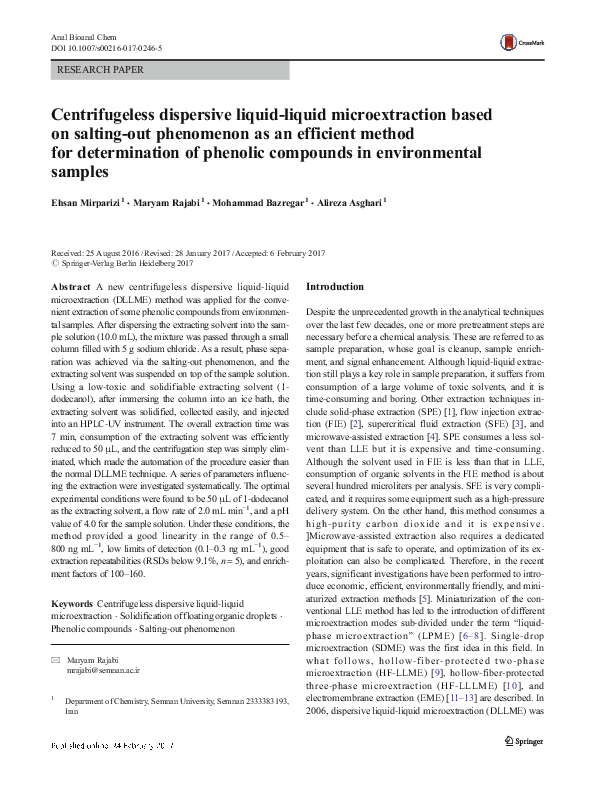 Pdf Centrifugeless Dispersive Liquid Liquid Microextraction Based On